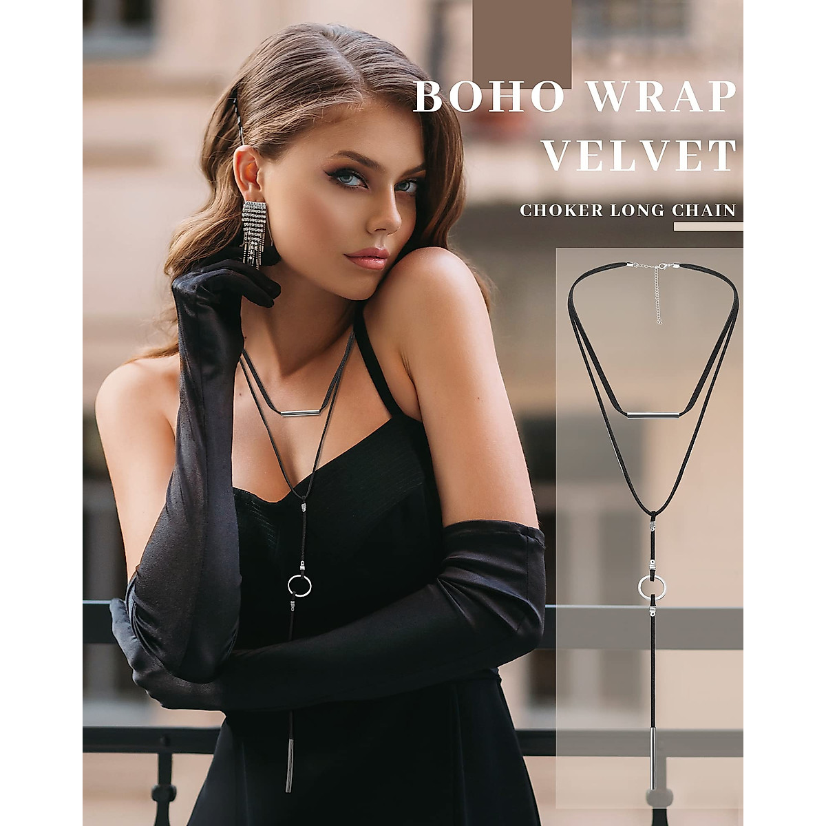 Sureio 6 Pcs Women Black Leather Velvet Long Choker Gothic Boho Brown Wrap Velvet Choker Long Chain Tassels Modern Choker with Velvet Bag for Girls Cowgirl