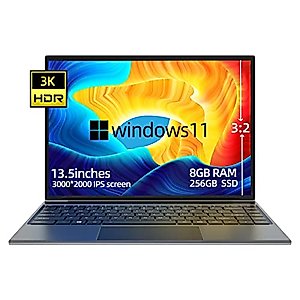 Windows 11 Laptop,13.5 Inch Celeron N4120 Quad core, 8GB RAM+256GB SSD, Thin & Light Notebook PC,3000x2000 3K IPS Panel, 5G+AC WiFi, All-Metal Body, Backlit Keyboard, Finger Print, Office, Gray