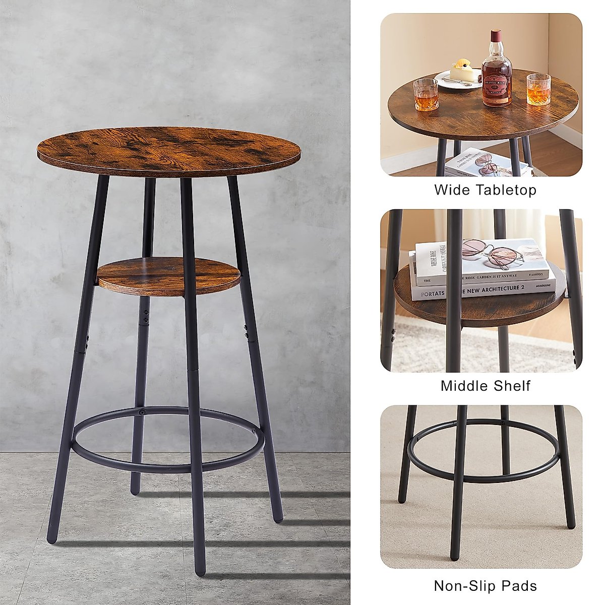 Tiokop Bistro Set of 2, Pub High Top Round Table and Chairs Upholstered Cushion, Storage Shelf and Backrest, 3-Piece Bar Stool Set for Breakfast Nook, Rustic Brown