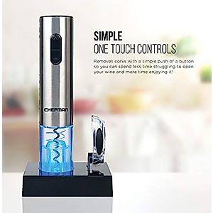 Chefman Electric Wine Opener W/ Foil Cutter, One-Touch, Open 30 Bottles On Single Charge, Automatic Corkscrew & Foil Remover, Rechargeable Battery, 110 Watts, 120 Volts