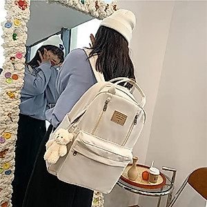 Cute Backpack with Free Bear/Duck Pendant Kawaii Ulzzang Japanese Korean Large Bag Casual Teen Backpack (Style 09 white)