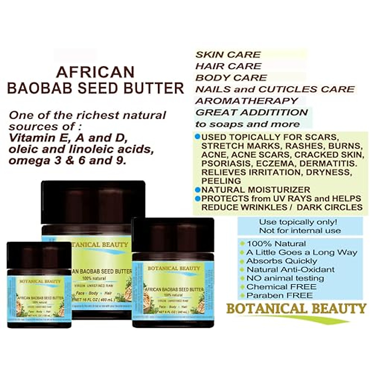 Botanical Beauty BAOBAB SEED OIL BUTTER 100% Natural RAW VIRGIN UNREFINED for Skin, Hair, Lip and Nail Care. 8 Fl. oz. - 240 ml. Rich in Vitamin E