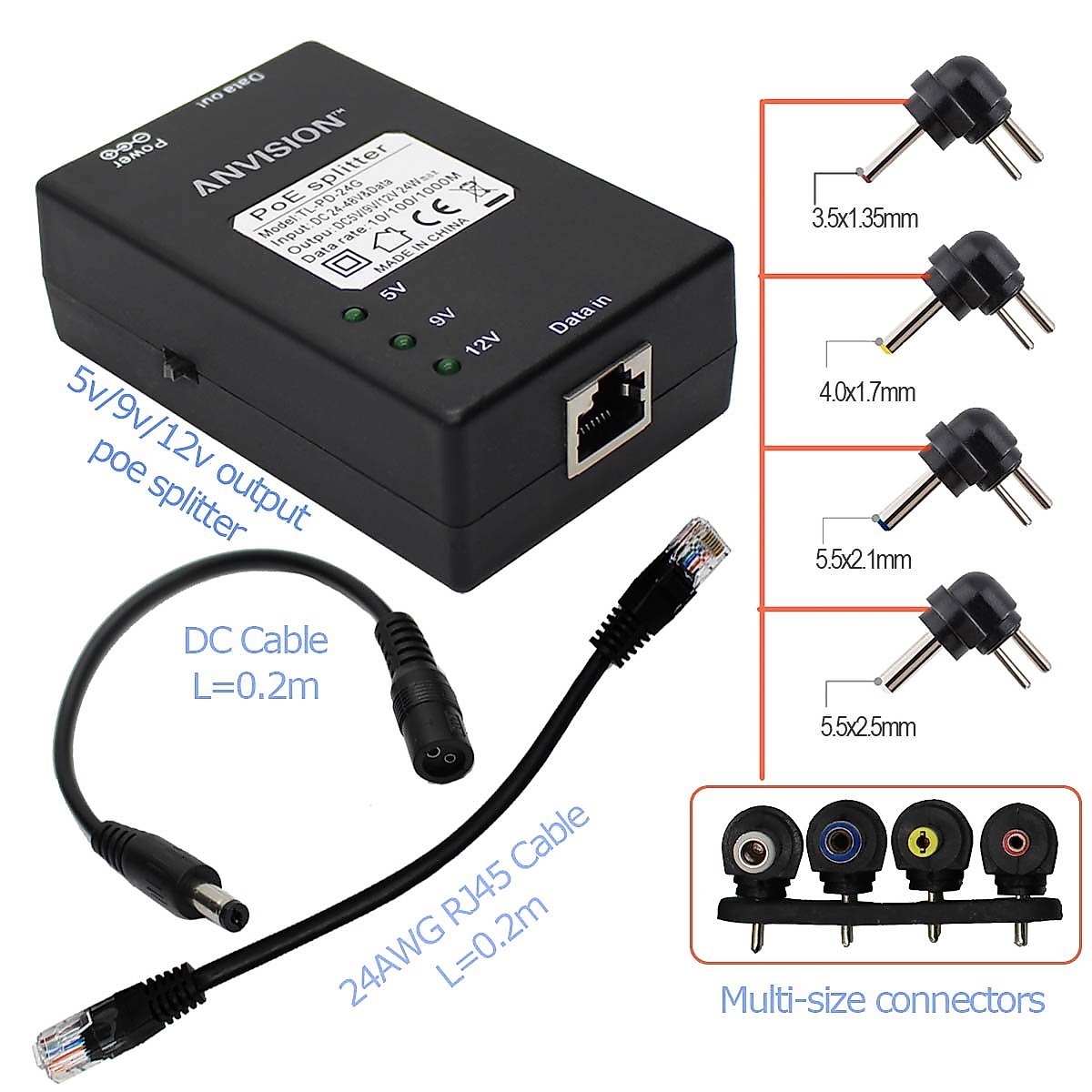 ANVISION 2-Pack Active Gigabit PoE Splitter Adapter with Multi-Size Tips, IEEE 802.3af Compliant, up to 100 Meters (328 Feet), DC 5V/9V/12V Power Output for IP Camera AP Voip Phone and More