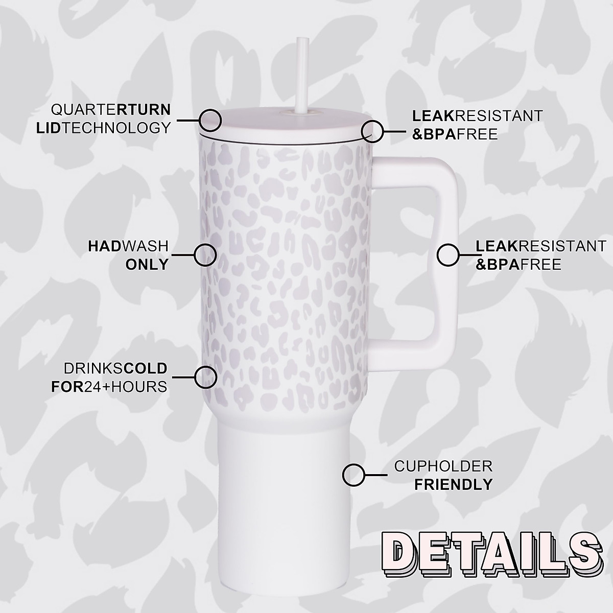 ZHIDENGWJ Stainless Steel Vacuum Insulated Tumbler with Lid and Straw for Water, Iced Tea or Coffee(White Leopard Print)