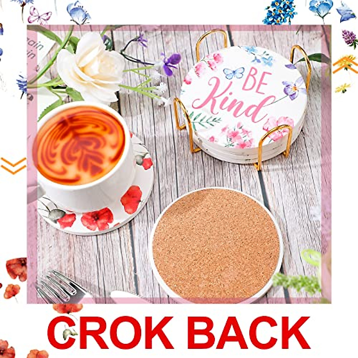 Ceramic Coasters with Holder, Sets of 6 Floral Coasters, Wildflower Ceramic Drink Coaster, Suitable for Kinds of Cups, Wooden Table Decoration, Spring Summer Home Decor, Tabletop Protection 4 Inches