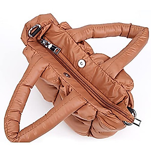 AZURAOKEY Puffer Tote Bag, Check Cotton-Padded Bag Autumn Winter Lady Soft Puffer Shoulder Bag Warm for Work (Brown)