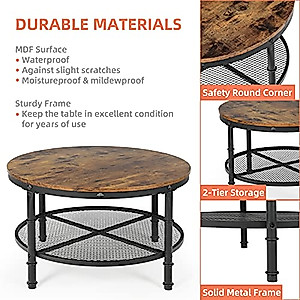 STHOUYN Small Round Coffee Table with Storage, Rustic Center Table for Living Room, Wood Surface Top & Metal Legs & Open 2-Tier Shelf, Save Space, Brown