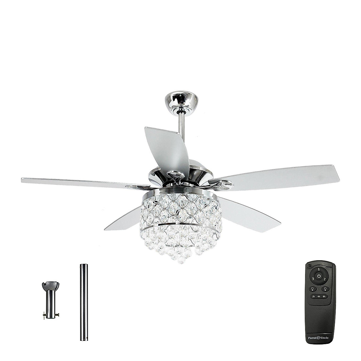 Parrot Uncle Ceiling Fans with Lights and Remote 52 Inch Modern Chandelier Ceiling Fan with Light for Bedroom 52 Inch Outdoor Ceiling Fans for Covered Paitos with Light, Polished Chrome