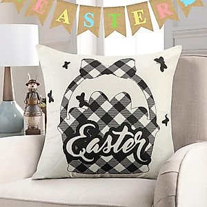 Ohok Easter Pillow Covers 18x18 Set of 4 Spring Pillow Covers Black and White Striped Rabbit Basket Decorative Pillow Covers for Farmhouse Home Decor Sofa Couch Chair Bed Bedroom Living Room