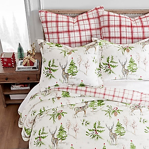 Levtex Home - Sleigh Bells Duvet Cover Set - King Holiday Duvet Cover 106x94 and Two King Pillow Cases 20x36 - Christmas Tree and Reindeer - White Green and Red - Cotton
