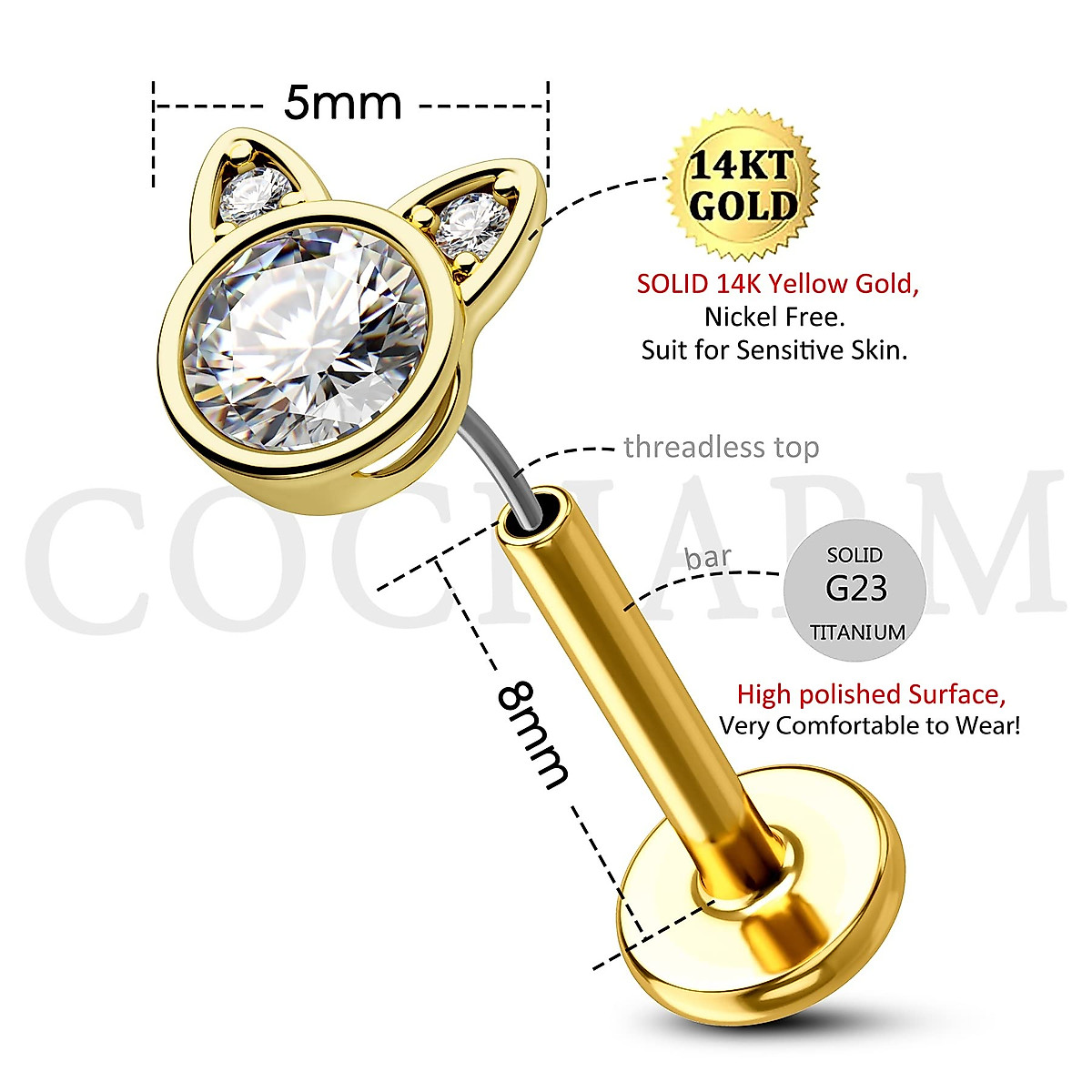 COCHARM 14K Gold Cartilage Earring Stud Yellow Gold 16g Flat Back Cartilage Stud 14K Solid Gold Push in Cartilage Piercing Stud Cat Labret Stud Gold Medusa Studs