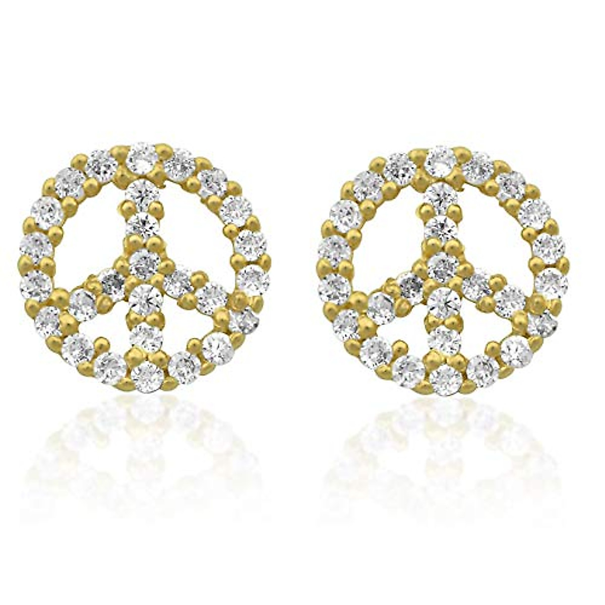 14K Solid Yellow Gold Womens Round Cubic Zirconia Cz Small Peace Sign Hipster Stud Earrings Perfect for Ladies - 0.27in