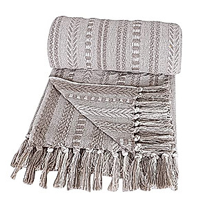 Farmhouse Throw Blanket Pure Cotton Woven Stripe Knitted Blankets Soft and Cozy with Decorative Tassel for Chair, Couch and Picnic Throws - Brown - 50 x 60 Inches