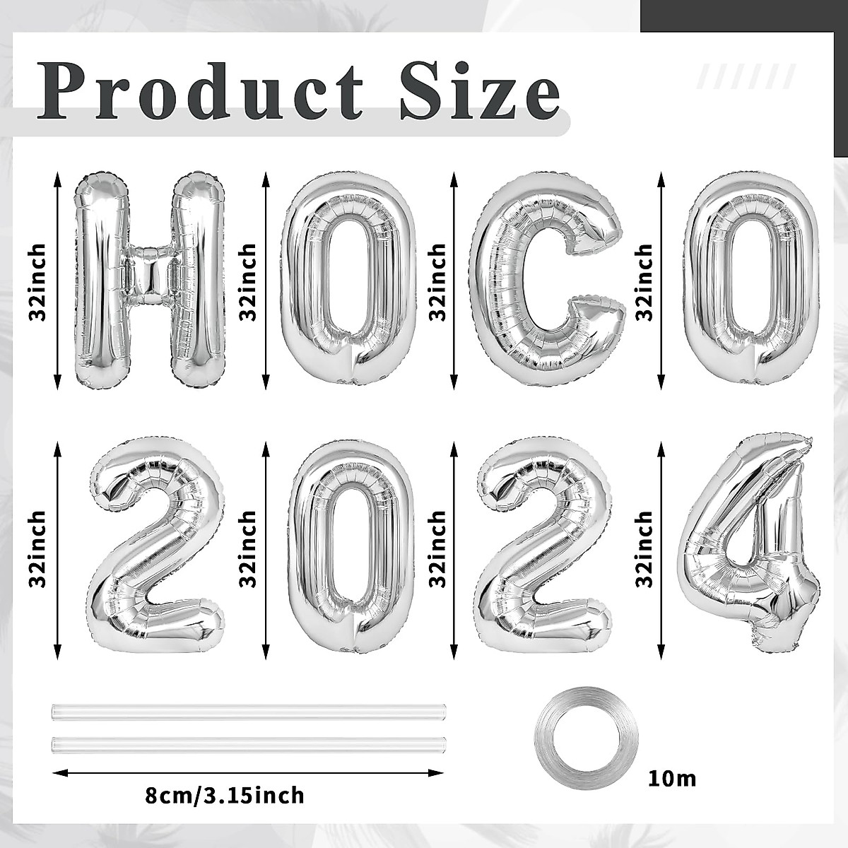 Realspring 8 Pcs Hoco Prom 2024 Balloons 32 Inch Silver 2024 Balloons Graduation Prom 2024 Banner Congrats Prom Decorations with 1 Balloon Ribbon 2 Pcs Balloon Blow Straw for Homecoming Party Supplies