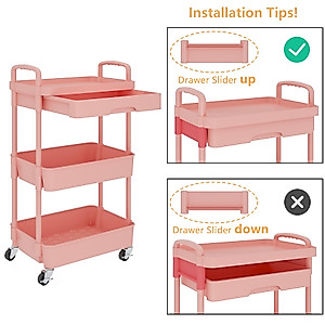 Calmootey 3-Tier Rolling Utility Cart with Drawer,Multifunctional Storage Organizer with Plastic Shelf & Metal Wheel,Storage Cart for Kitchen,Bathroom,Living Room,Office,Pink