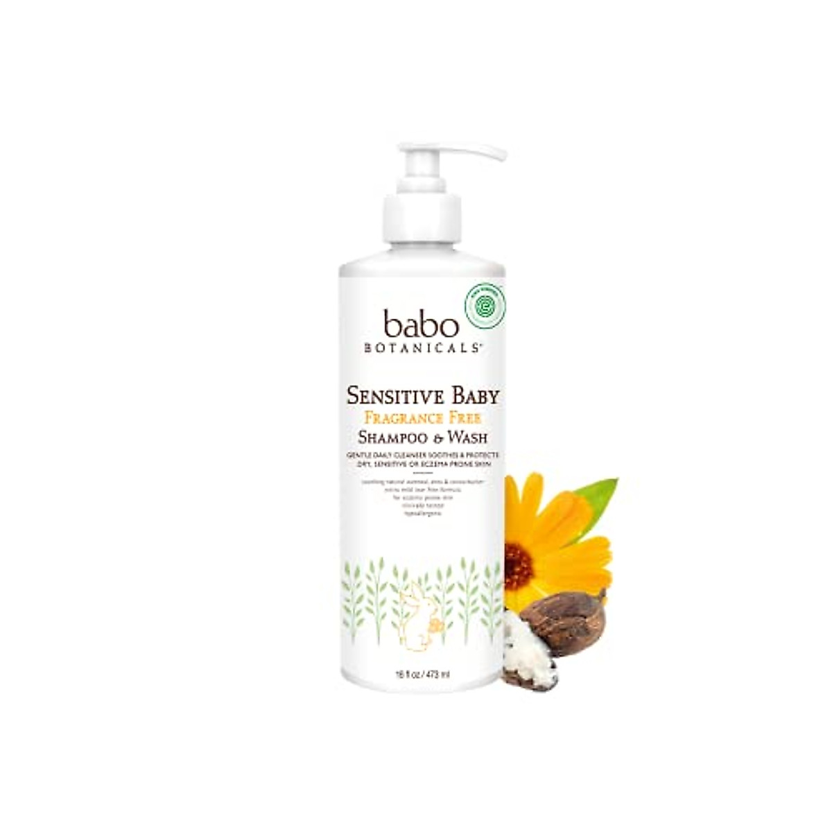 Babo Botanicals Sensitive Baby Fragrance-Free 2-in-1 Shampoo & Wash - with Natural Oat Protein, Shea & Cocoa Butter - EWG Verified & Hypoallergenic - 16 fl. oz.
