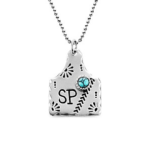 Custom Initial Letter Cow Tag Turquoise Necklace for Women Turquoise Pendant Necklace Handmade Jewelry Gift for Women Silver Fashion Boho Turquoise Chain Necklace
