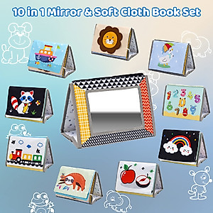 AUKZON Tummy Time Mirror Toys, Baby Toys 0 3 6 9 Months with Crinkle Book, Teethers, Black and White High Contrast Infant Toys, Montessori Sensory Toys Brain Development for Newborn