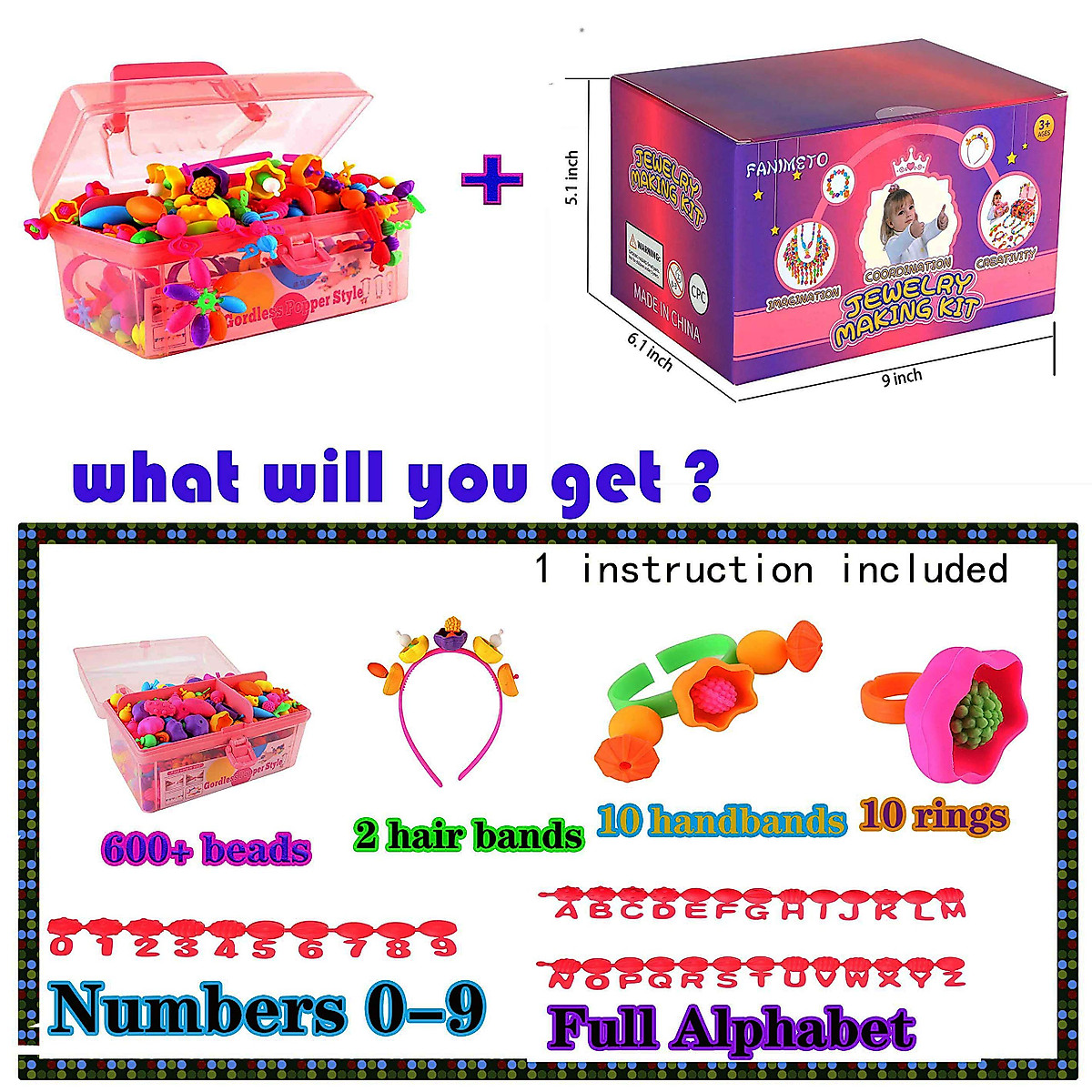 630+pcs Pop Beads Jewelry Making Kit for Kids Snap Beads Kit for Toddlers Arts Crafts DIY Hairband Necklace Bracelet Ring Beads Creativity Toys for 3456789 Year Old Girls