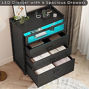 VIAGDO Chest of Drawers with LED Light, Black 4 Dresser, Tall Dresser Flip Drawer and Wheels, Wood Bedroom Storage Cabinet for Closet, Hallway, Black-4 Drawers-tall