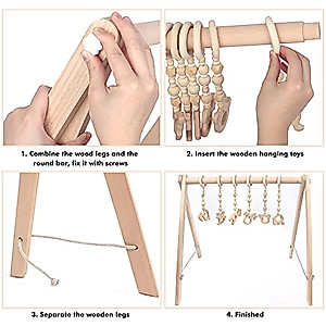 NUNGT Wooden Baby Gym with 6 Hanging Wooden Baby Toys Foldable Wooden Baby Play Gym Activity Gym Baby Play Hanging bar Frame Activity Gym