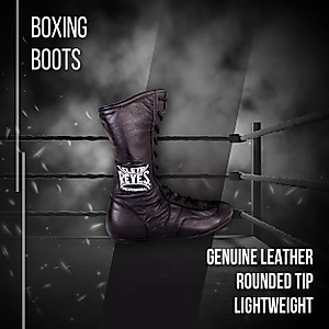 CLETO REYES High Top Lace Up Leather Boxing Boots with Side Zipper for Fighting, Sparring, Training, MMA, Kickboxing, Muay Thai, Black, Size US 12