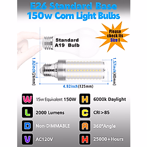 Xyanmc E26/E27 LED Bulb, 150w Equivalent 2000 Lumen 6000K Daylight White 15W Ceiling Fan LED Light Bulb for Home Garage Warehouse Indoor Outdoor Led Corn Bulb Pack of 1