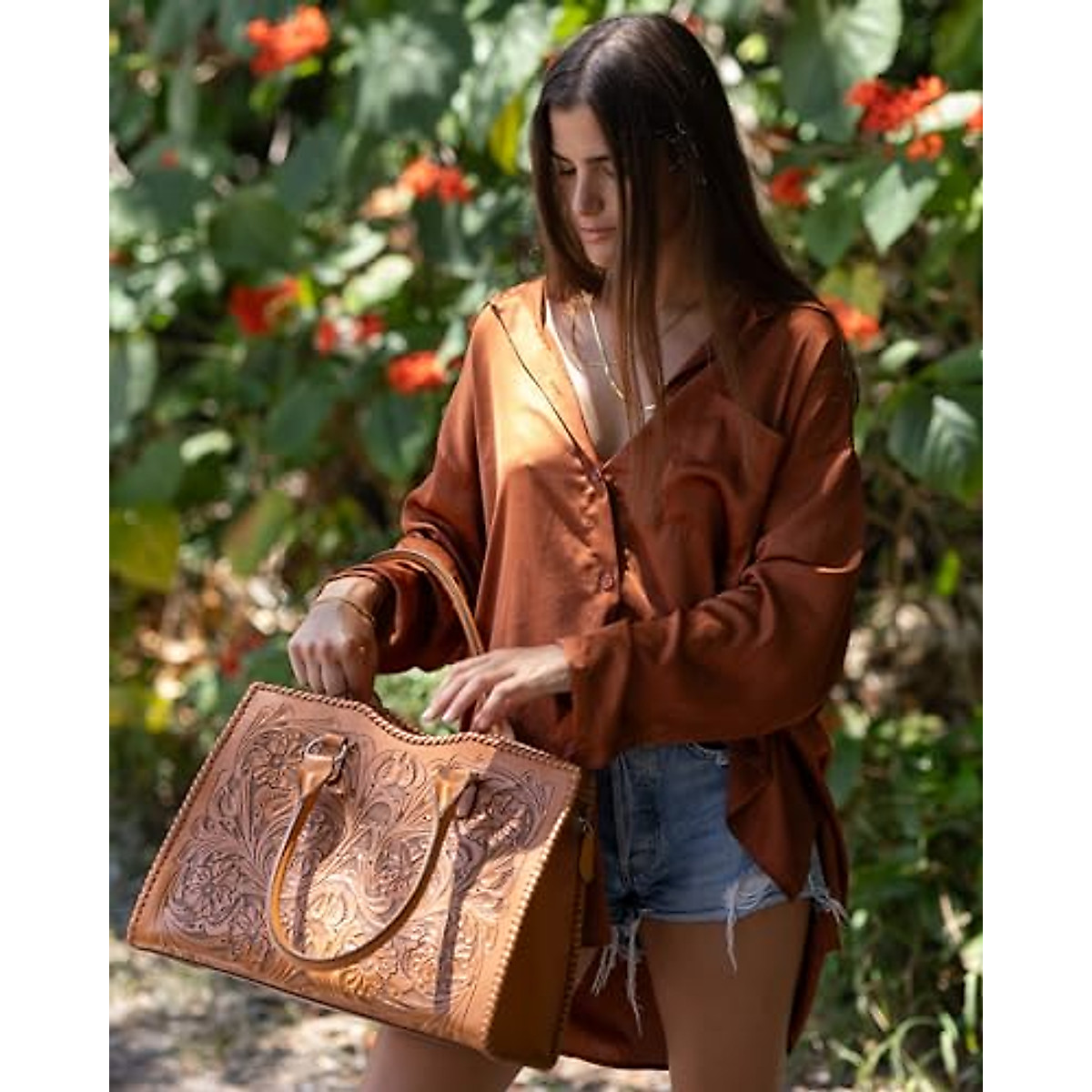 Mauzari Tooled Leather Shoulder Bag Tote for Women (Honey, Large)