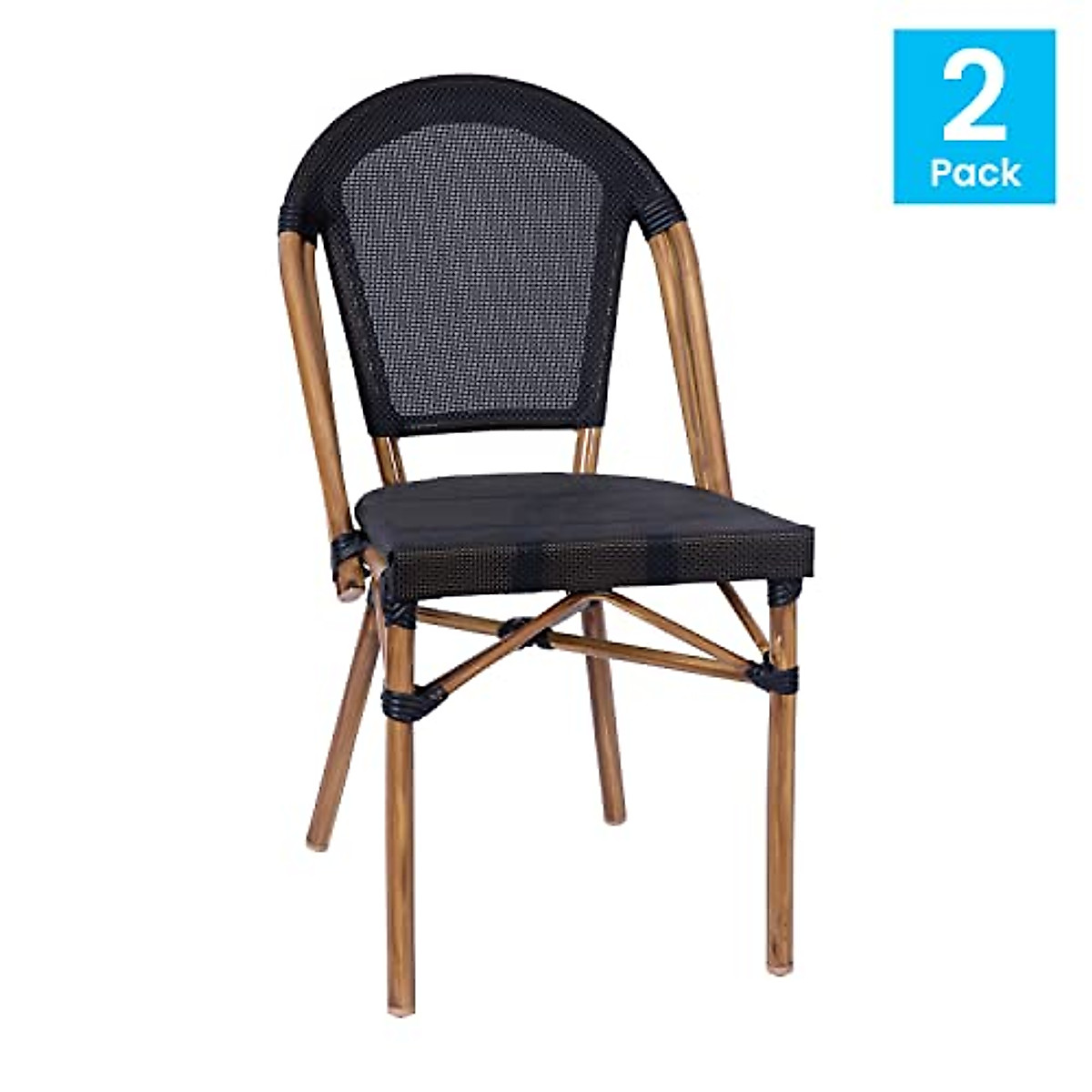 Flash Furniture Marseille 2 Pack Indoor/Outdoor Commercial Bistro Stack Chairs - Black Textilene Back and Seat - Natural Bamboo Print Aluminum Frame