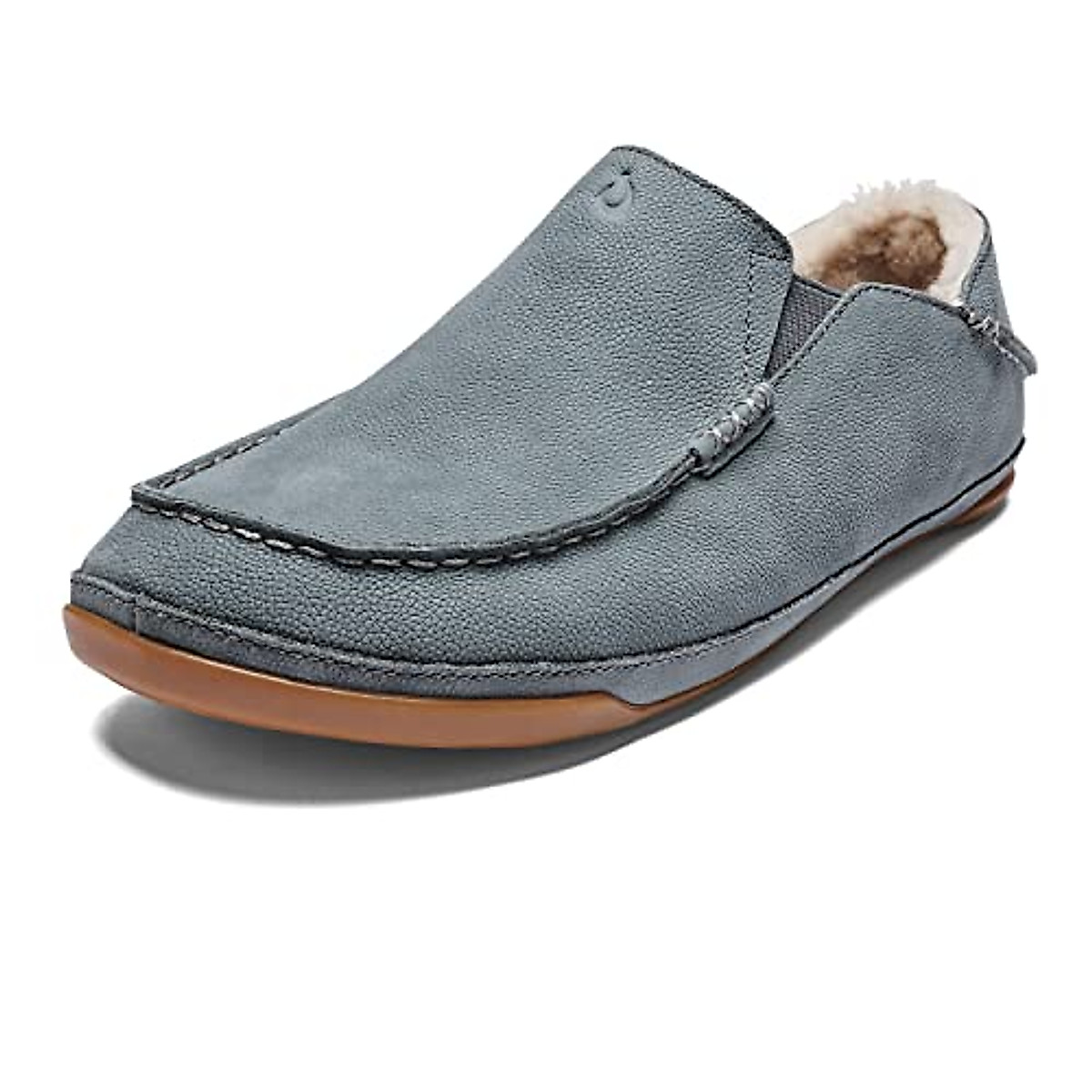 OLUKAI Kipuka Hulu Men's Leather Slippers, Premium Nubuck Leather Slip On Shoes, Shearling Lining & Gel Insert, Drop-In Heel Design, Charcoal/Charcoal, 11