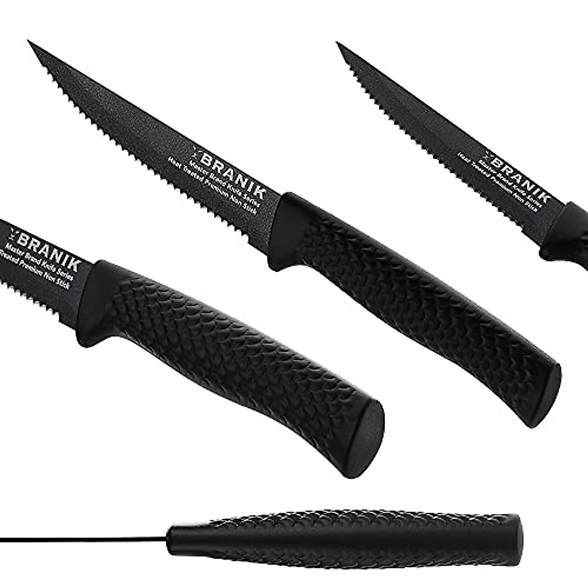 BRANIK Black Steak Knives set of 4, Special Non-Stick Coating on each of these Steak knives making them dishwasher safe. This Black Steak Knife Set is razor-sharp, lightweight, and user-friendly.