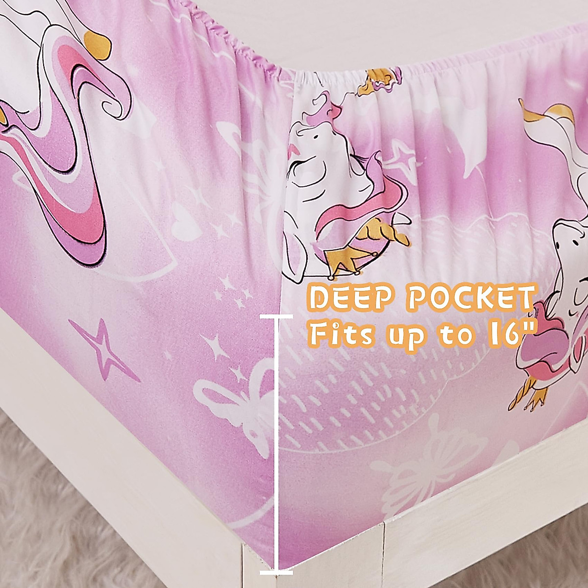 Yibeizi Unicorn Twin Sheets Set for Girls, Kids Cute Princess Printed Bedsheets Microfiber Deep Pocket Bed Sheet & Pillowcase Sets 3 Pieces