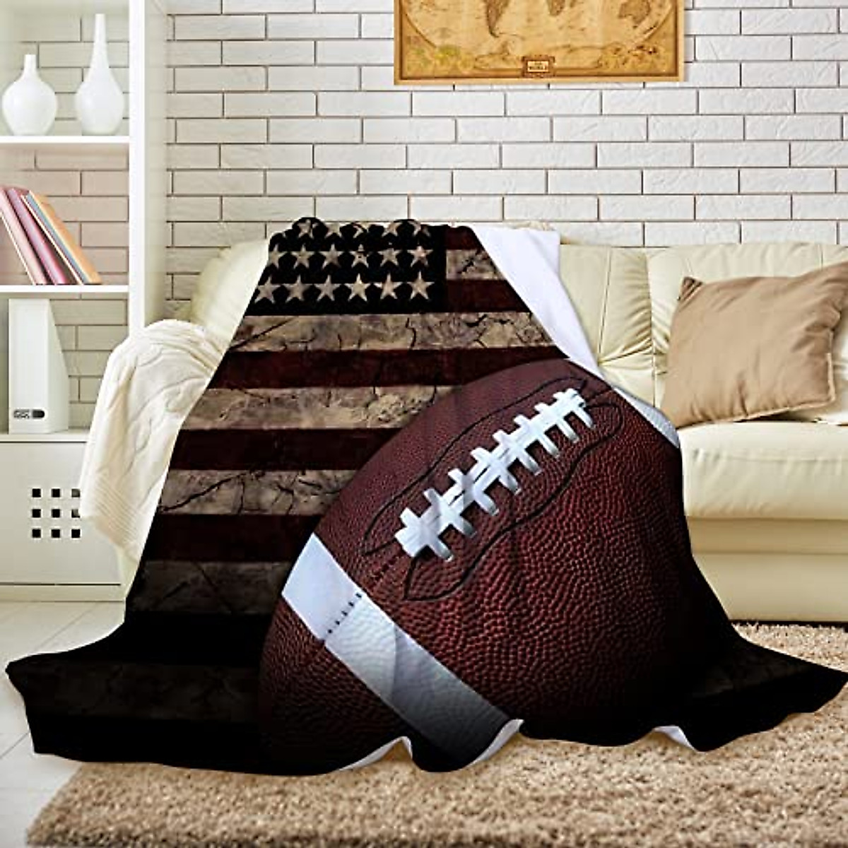 Soft Fleece Baseball Football Throw Blanket, Cozy Sherpa Warm Fuzzy Thick Bed Couch Sofa Blankets for Sport Fans Kids Adults Gifts 60"x 50" (Football-Brown)