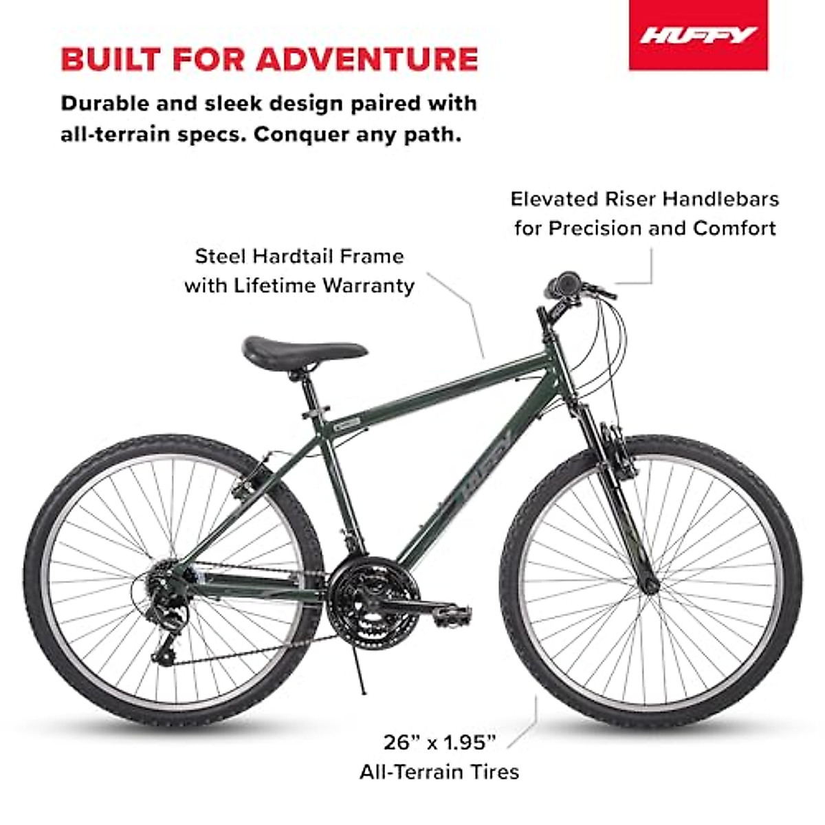 Huffy Hardtail Mountain Trail Bike 24 inch, 26 inch, 27.5 inch, 26 Inch Wheels/17 Inch Frame, Military Green Gloss