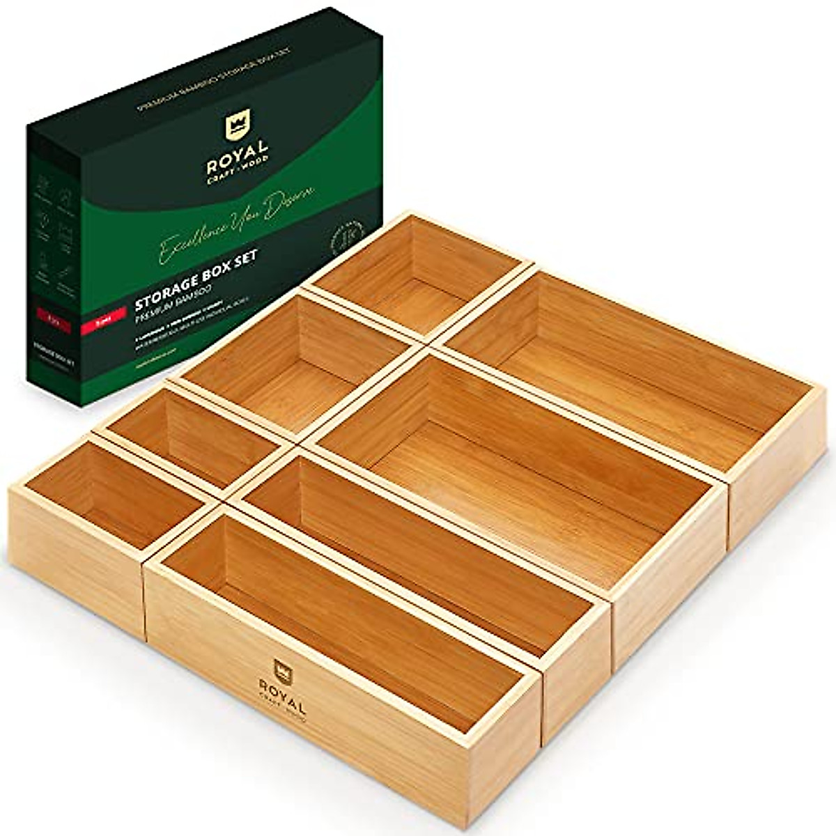 ROYAL CRAFT WOOD Luxury Bamboo Drawer Organizer Storage Box, Bin Set - Multi-Use Drawer Organizer for Kitchen, Bathroom, Office Desk, Makeup, Jewelry (8 Boxes)