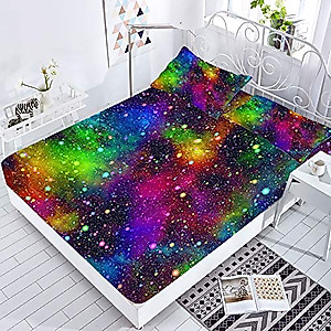 NiuOne Galaxy Fitted Sheet Set Rainbow Space Bedding Sheet Set for Girls Full 3PCS 1 Deep Pocket Sheet with 2 Pillowcases Wrinkle Free Microfiber(16,Full)