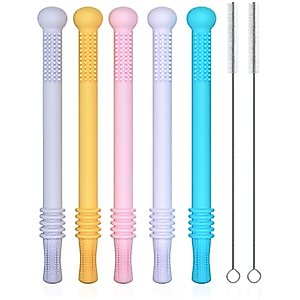 Mothby Teething Sticks for Babies Pack of 5, 6.3 Inches Long with 2 Pcs of Cleaning Brushes Straws for 3-12 Months Old Babies, Premium Food Grade Silicone, Refrigerator & Dishwasher Safe