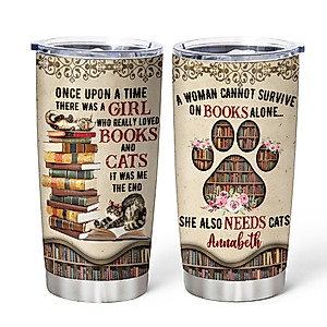 Hyturtle Personalized Book Tumbler Gifts For Women - Birthday Christmas Gifts For Book Lovers - Librarian Gifts - Book Club Gifts - Cat Lover Gifts Custom Name 20oz Stainless Steel Travel Tumbler Cup