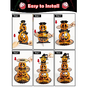 JROYJOY 3 Tier Halloween Cupcake Stand, Cupcake Tower with 16 Pcs Pumpkin Cupcake Toppers, Cake Stand for Dessert Table, Cupcake Display Stand for 24 Cupcakes Party Supplies Halloween Decorations