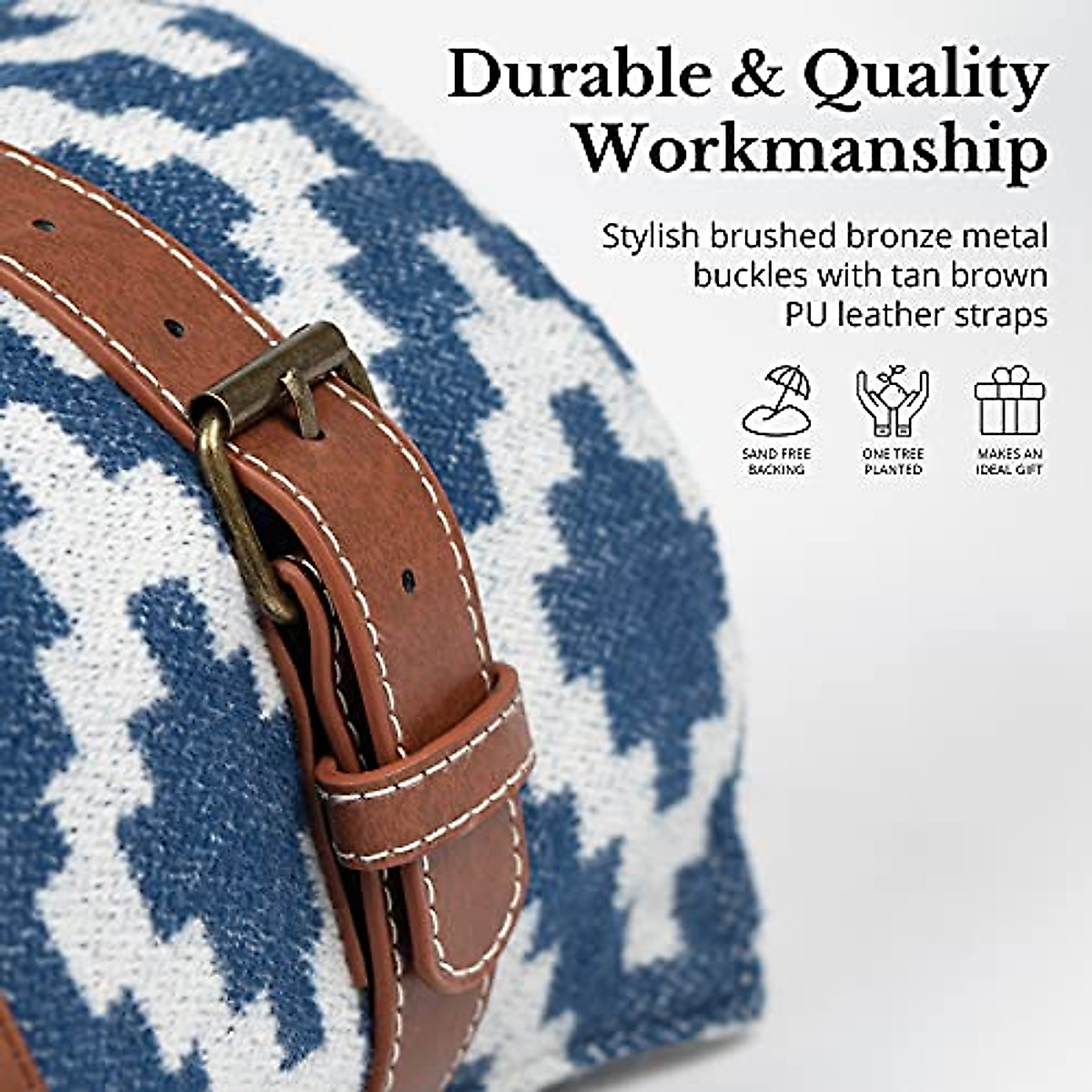 Komorebi Large Outdoor Waterproof Picnic Blanket (78"x59") 100% Cotton | Leather Carrier | Soft Diamond Jacquard Picnic Mat for up to 4 Adults (Blue/White)