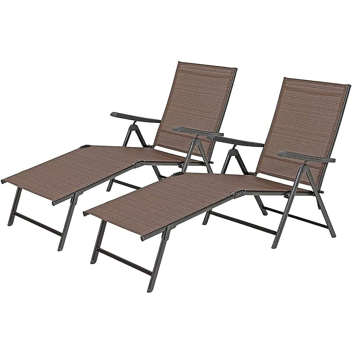MIXPATIO Outdoor Loungers (Set of 2), Folding Textile Loungers for Patio, Adjustable Loungers with Armrests for Beach Pool Patio, Brown