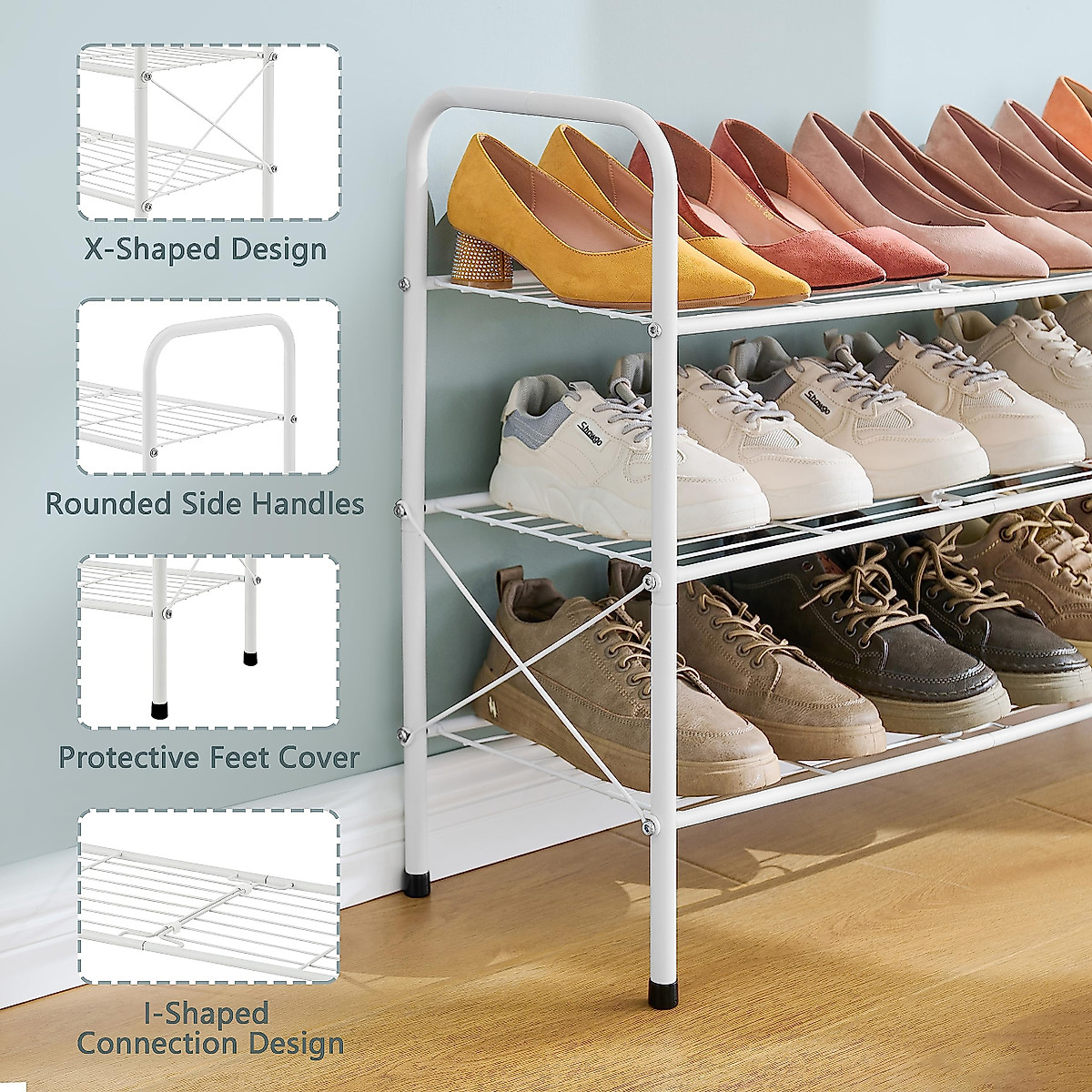 Hoctieon 3 Tier Durable Mesh Style Shoe Rack, Entryway Shoe Shelf, Shoe Rack FreeStanding, Shoe Storage Organizer, Shoe Rack for Closet, White