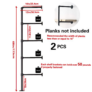 Industrial Wall Mount Iron Pipe Shelf, 5 Shelves Shelving Bracket Black Vintage Retro Ceiling Hung shelf DIY Open Bookshelf Storage for offcie Room Kitchen (2PcsX5Tier,68" Tall,10"deep,Hardware Only)