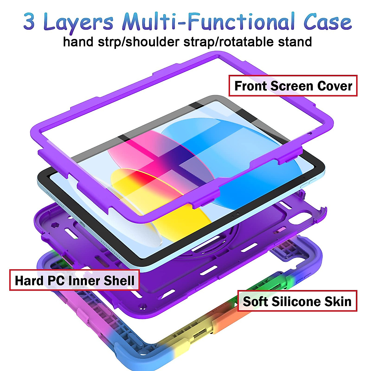 BMOUO iPad 10th Generation Case (10.9 inch, 2022) - with Screen Protector, Shockproof iPad 10th Gen Case with Rotating Stand/Hand/Shoulder Strap, Purple