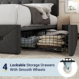 Allewie Upholstered Queen Size Platform Bed Frame with 4 Storage Drawers and Headboard, Diamond Stitched Button Tufted Mattress Foundation with Wooden Slats Support, No Box Spring Needed, Dark Grey