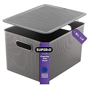 Superio Ribbed Collection - Decorative Plastic Lidded Home Storage Bins Organizer Baskets, X-Large Grey (1 Pack - 22 Liter) Stackable Container Box, for Organizing Closet Shelves Drawer Shelf