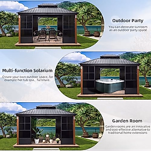 PURPLE LEAF 12' X 14' Patio Hardtop Gazebo Double Top Outdoor Screen House Aluminum Solarium Backyard Sun Room with LED Lights