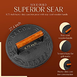 Bellemain Cast Iron Grill Press, Heavy-duty bacon press with Wood Handle, 8.5-Inch Round