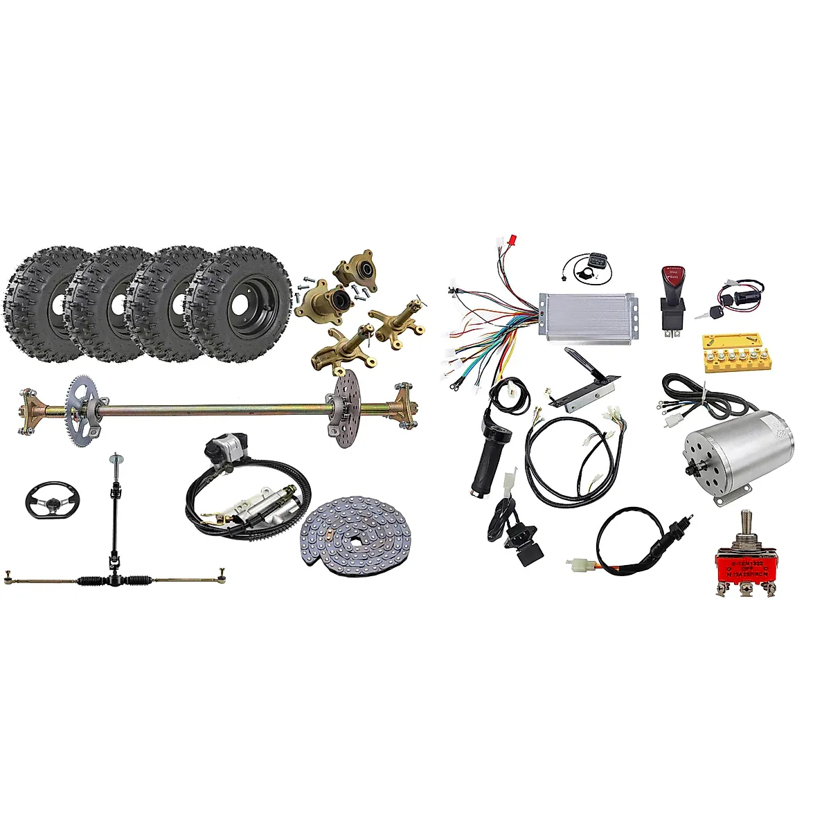 YC Yier 29" Go Kart Rear Axle Kit +Front End Steering Shaft Assembly+ Brake + 4.10-6" Wheels Tires +48V 1800W Brushless Electric Motor Kit for Go Kart ATV Quad Buggy Drift Trike 4 Wheeler