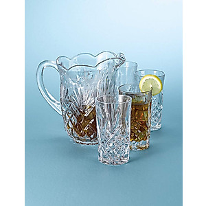 Elegant Crystal Pitcher Drinkware Set with 4 Crystal highball Tumblers, Beautiful Jug with handle and Spout for Chilled Beverage Homemade Juice, Iced Tea or Water